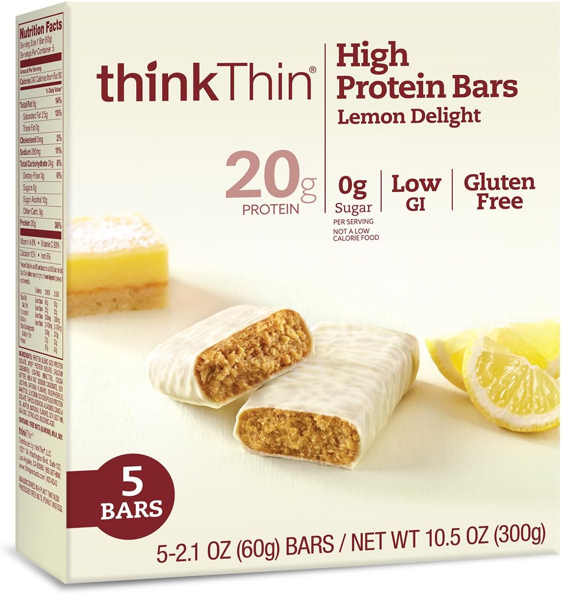Amazon.com: thinkThin High Protein Bars, Lemon Delight, 5 Count ...