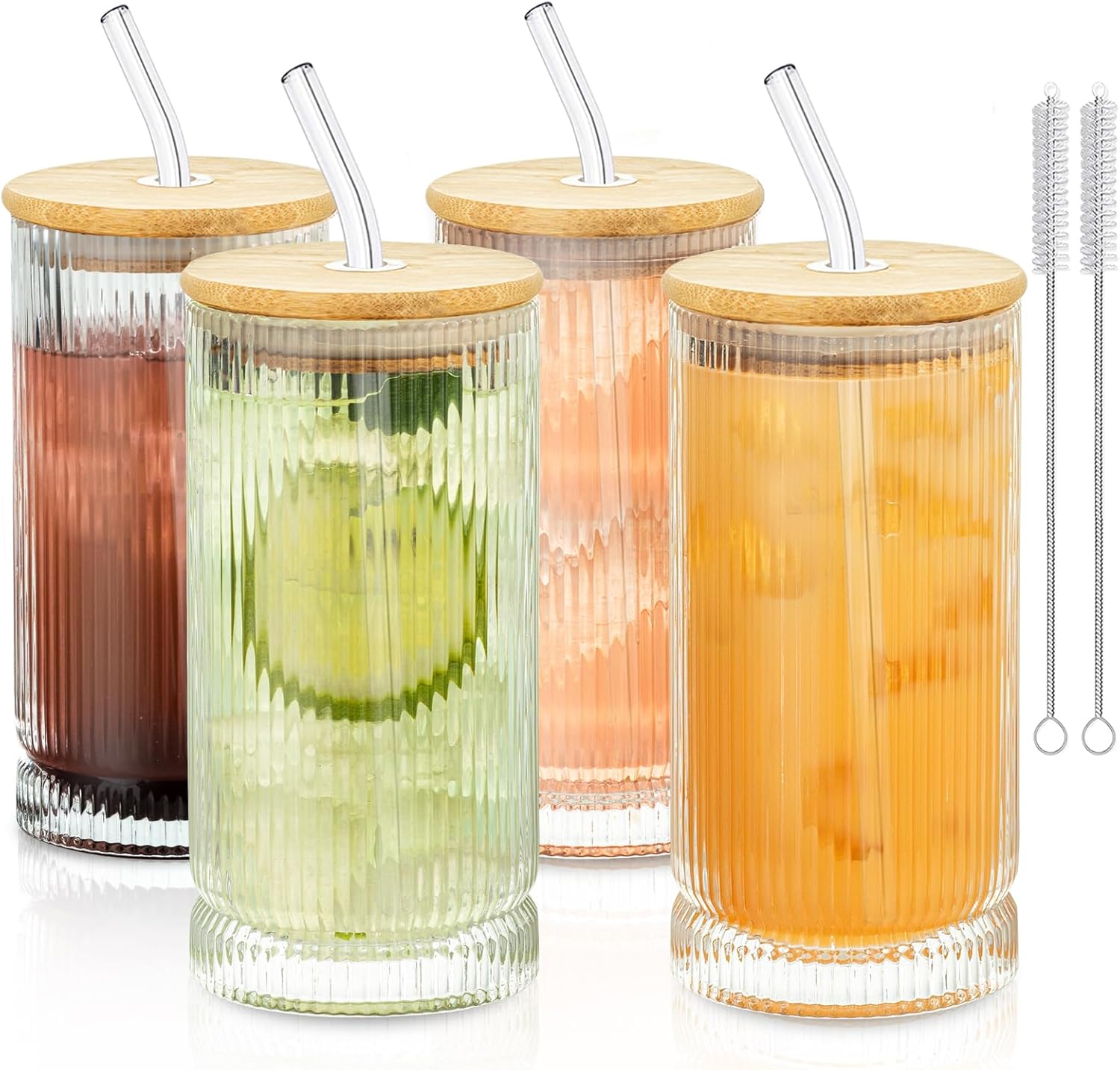 Amazon.com | Ribbed Glass Cups With Lids And Straws, 16oz Drinking ...