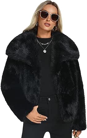 Funlingo Women's Faux Fur Coat Winter Long Sleeve Lapel Cropped Jacket Warm Shaggy Overcoat at ...