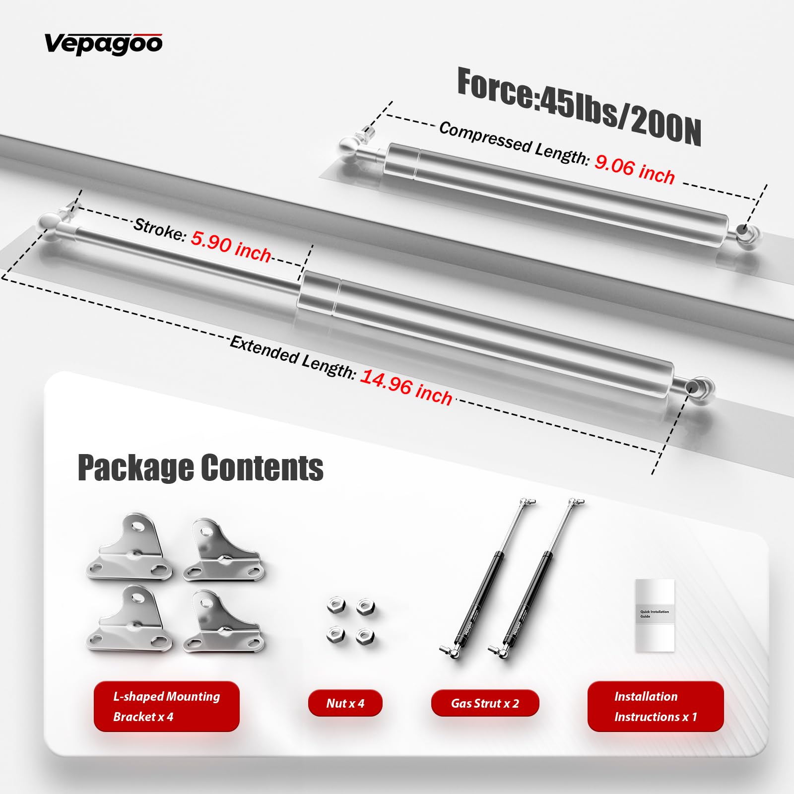 Snapklik.com : Vepagoo 15 Inch 45Lb/200N Stainless Steel Gas Struts ...