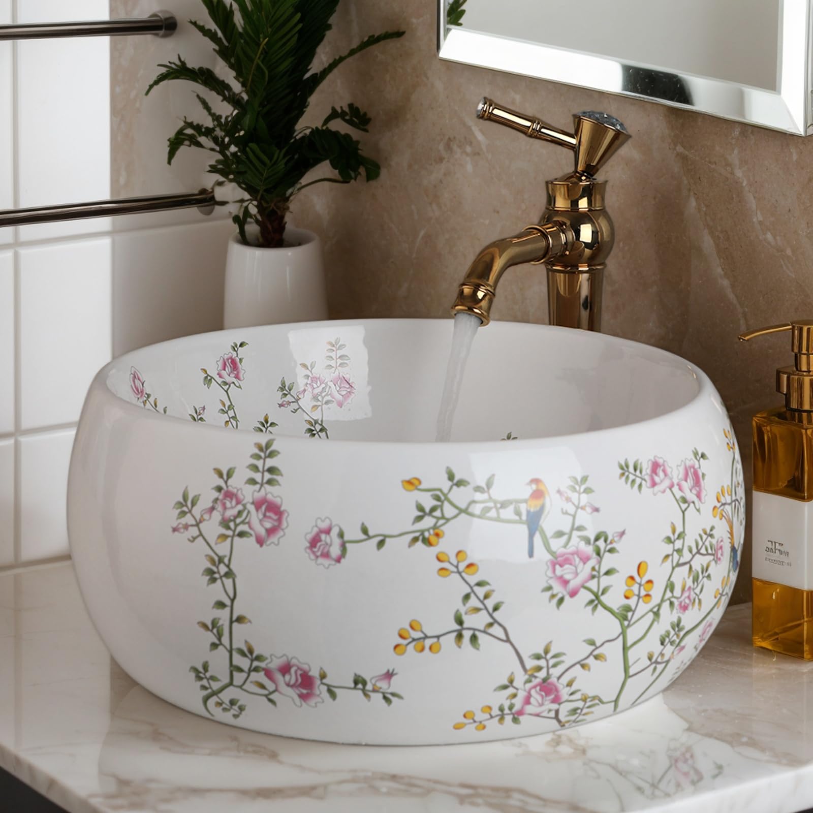 Sinku Mccut Ceramic Bathroom Sink Round,Flower Bird Pattern Vanity Sink ...