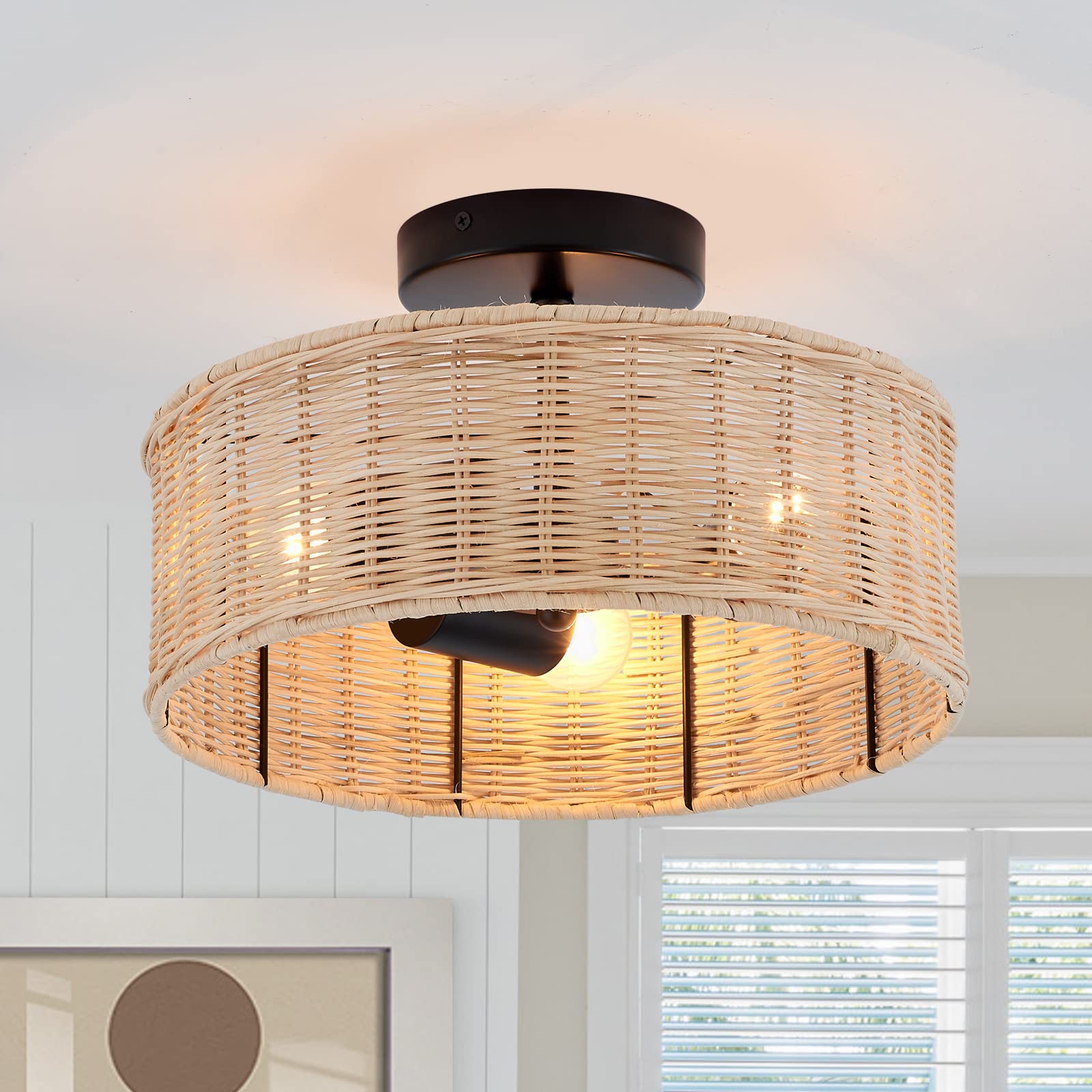 MhyTogn Rattan Semi Flush Mount Ceiling Light, with Woven Natural Cage ...