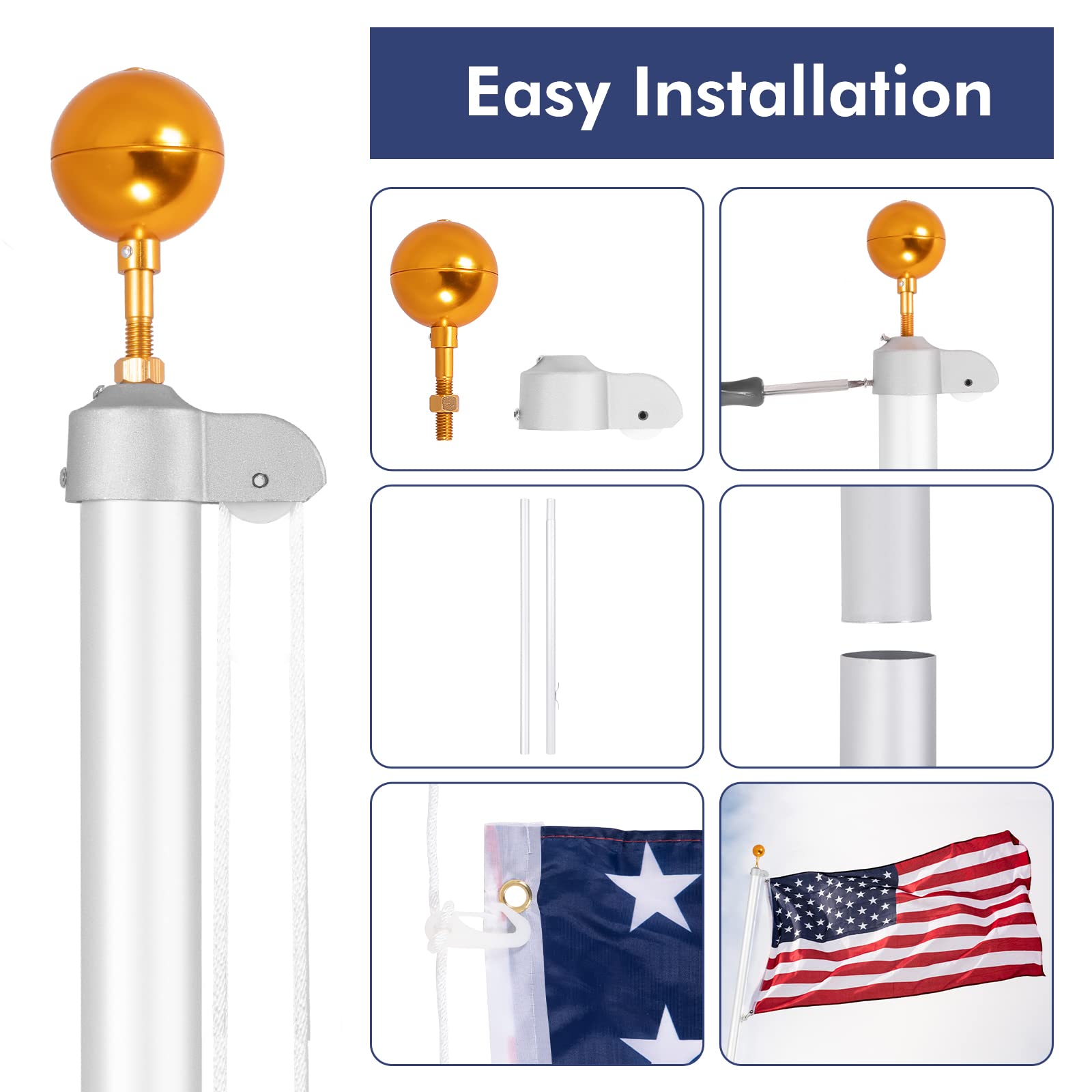 20FT Flagpole Kit for Outside In Ground,Heavy Duty Aluminum Outdoor ...