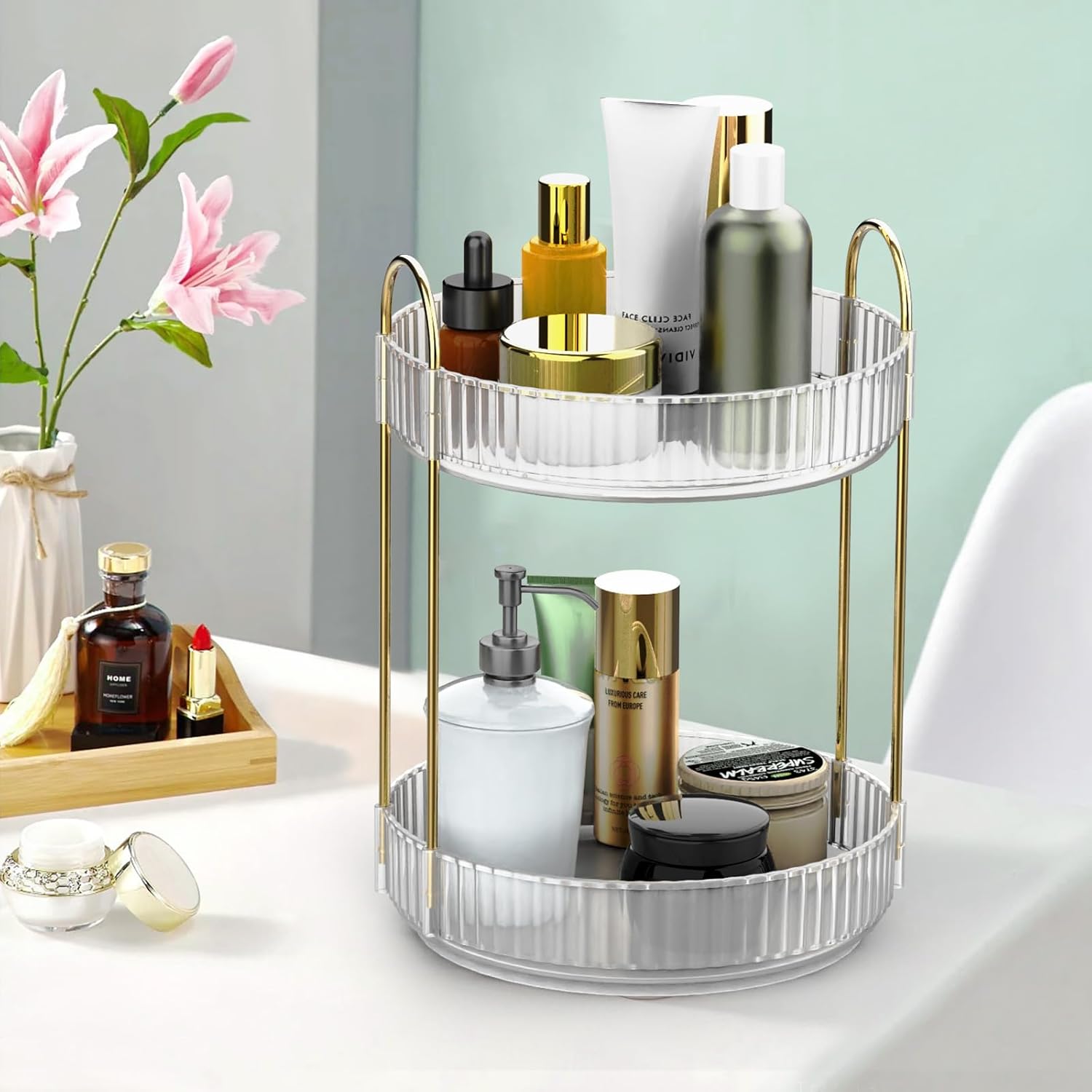 360 Rotating Makeup Organizer for Vanity - Spinning Bathroom Organizer ...