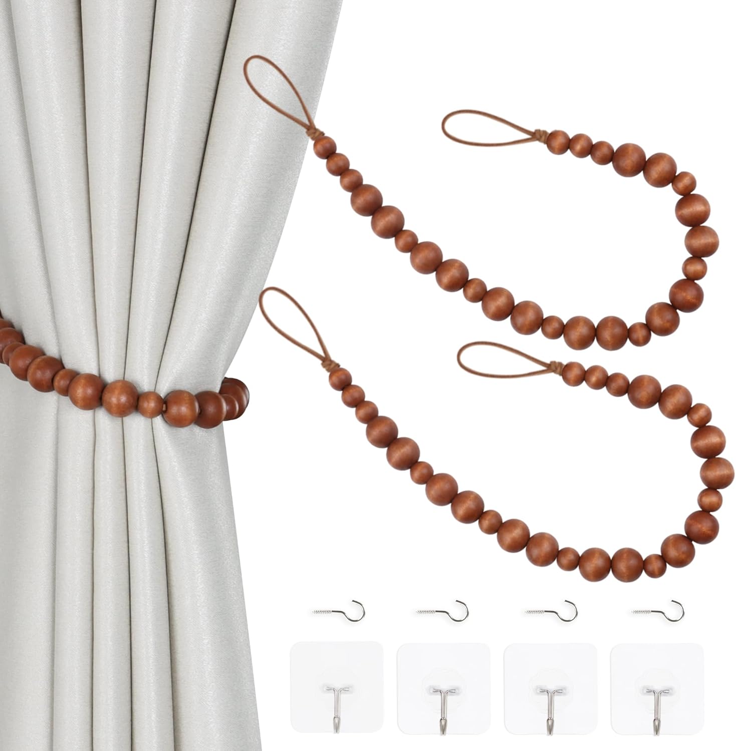 Amazon.com: OCIOLI 2 Pieces Curtain Tieback Wood Bead Curtain Tiebacks ...