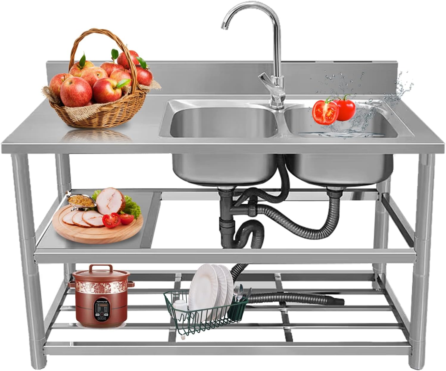 Commercial Stainless Steel Sink with 2 Compartments Double Bowl Kitchen ...