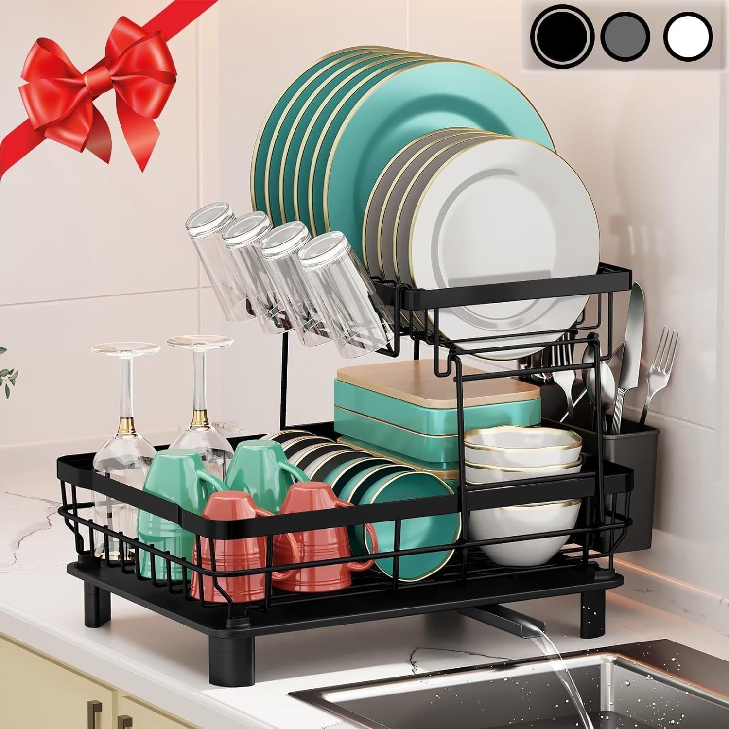 SPUSEN Dish Drainer, 2 Tier Space-Saving Dish Rack, Stainless Steel ...