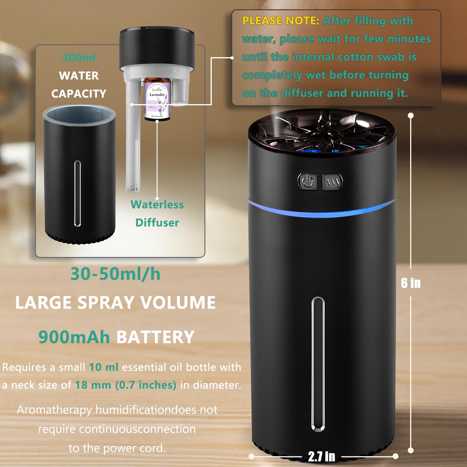 Holwim Waterless Car Diffuser for Essential Oils, 300ml Dual Nozzle Battery Powered Humidifier ...