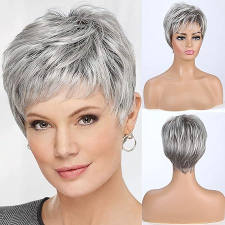 Amazon.com : Short Gray Curly Wigs for White Women Pixie Cut Grey Wigs ...