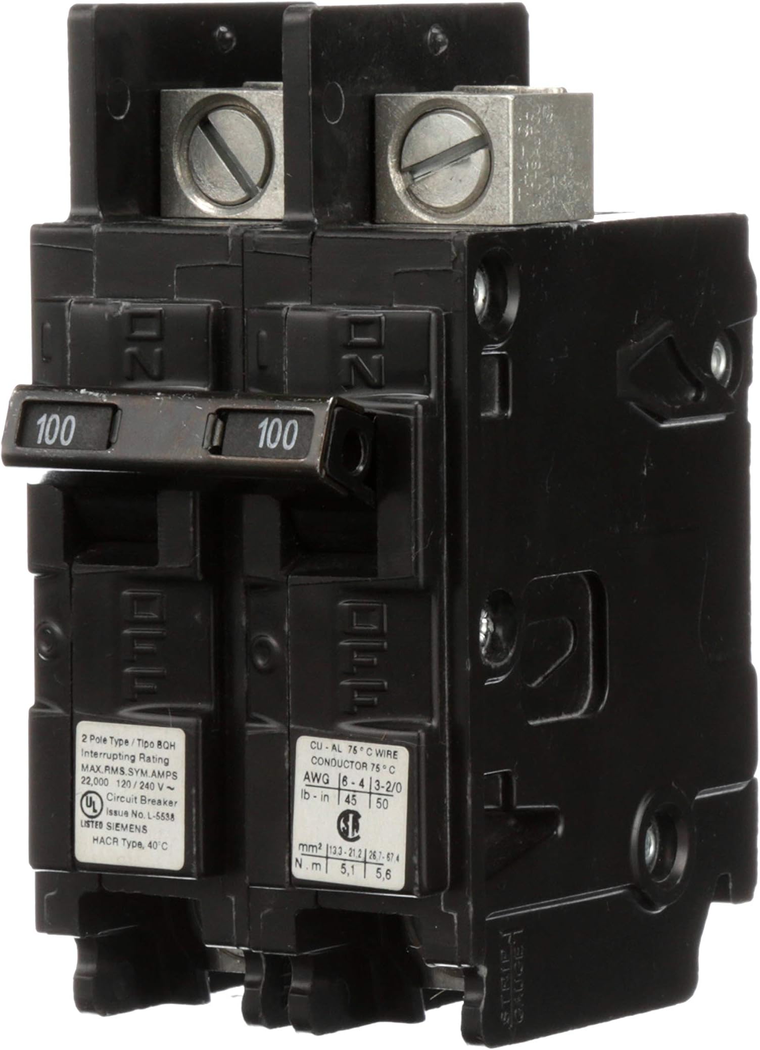 Siemens BQ2B100HL 100-Amp Double Pole 120/240-Volt 22KAIC Lug In/Lug ...