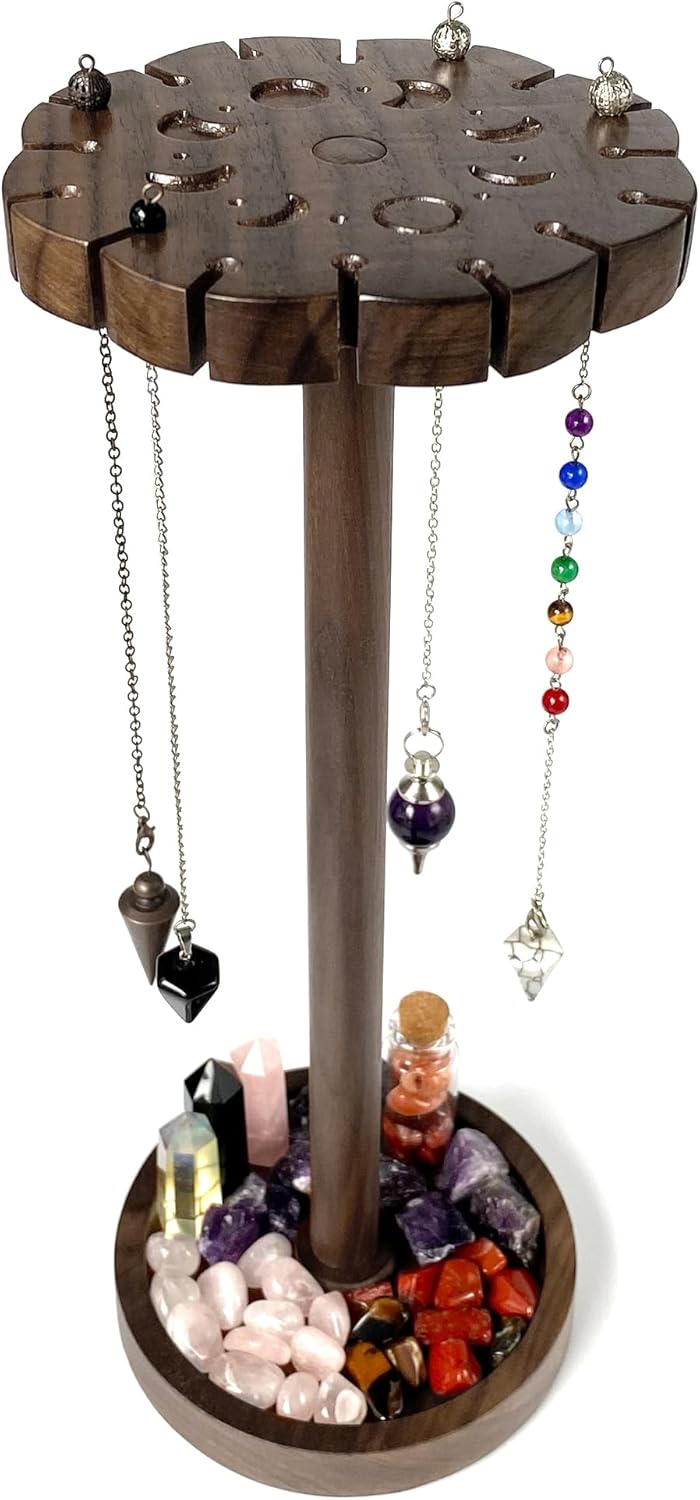 Kihomi Crystal Pendulum Stand with Tray - Walnut Moon Phase Round ...