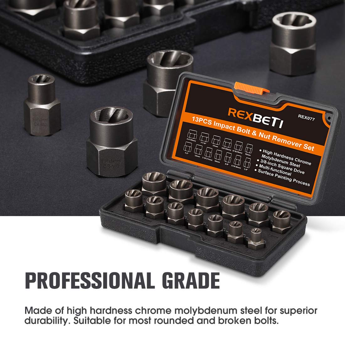 Snapklik.com : REXBETI Impact Bolt & Nut Remover Set, 13+1 Pieces Bolt ...