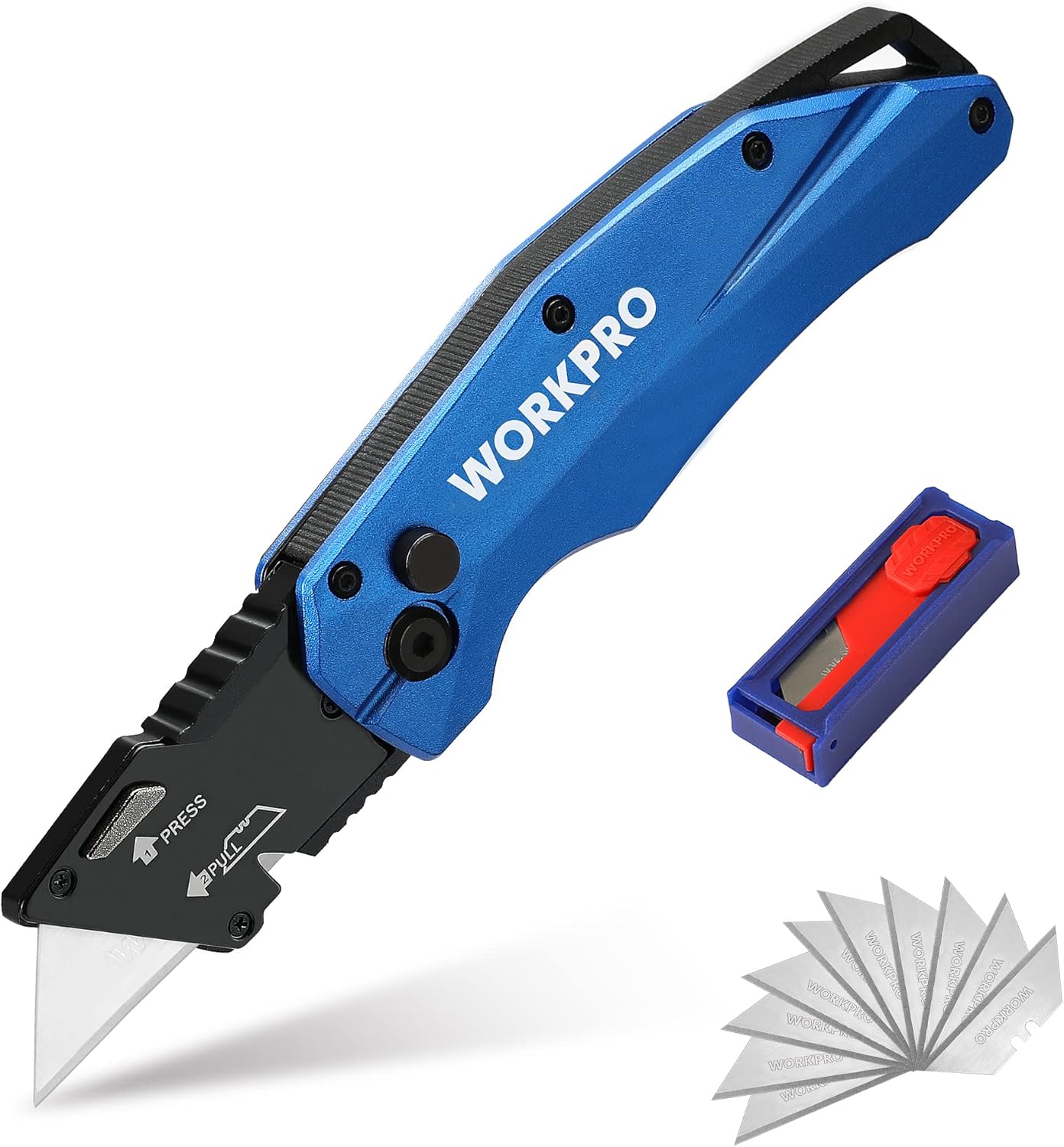 WORKPRO Folding Utility Knife, Heavy Duty Metal, Quick Open Botton Lock ...