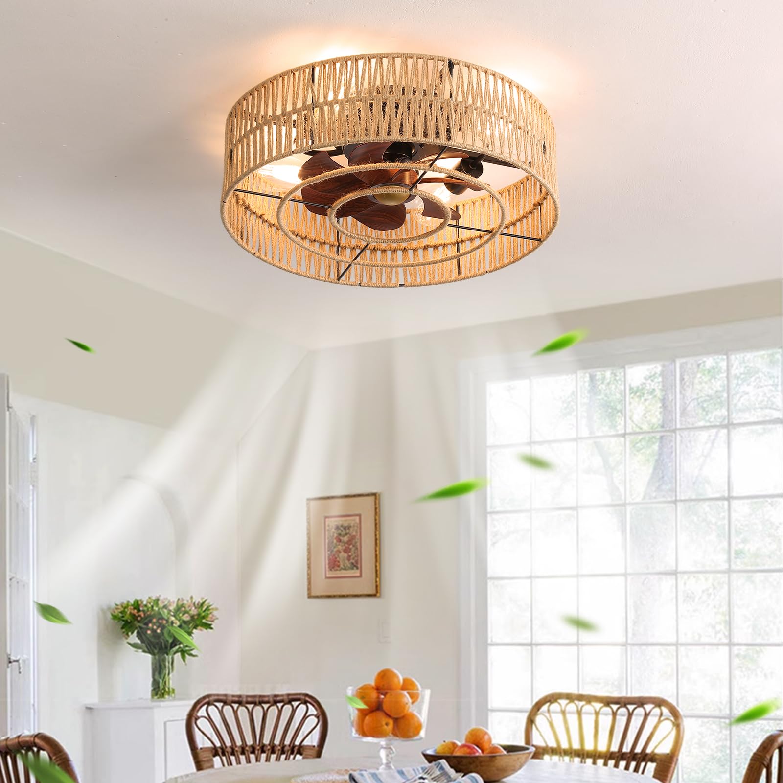 OLUZO 20 Inch Boho Woven Ceiling Light with Fan, Flush Mount Caged ...