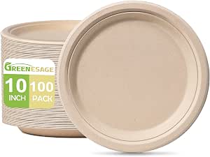 Paper Plates 10 inch, 100 Pack Paper Plates Bulk, 100% Compostable ...