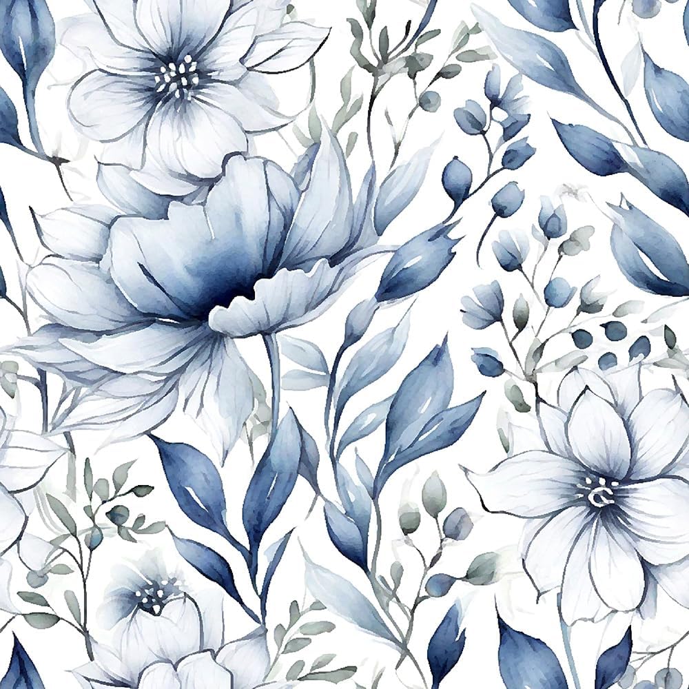 REDAMANCY Watercolor Blue White Peony Floral Ink Flowers Grey Navy Leaf Peel and Stick Wallpaper ...