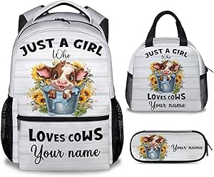 Amazon.com: Personalized Cow Backpack with Lunch Box, Set of 3 School ...