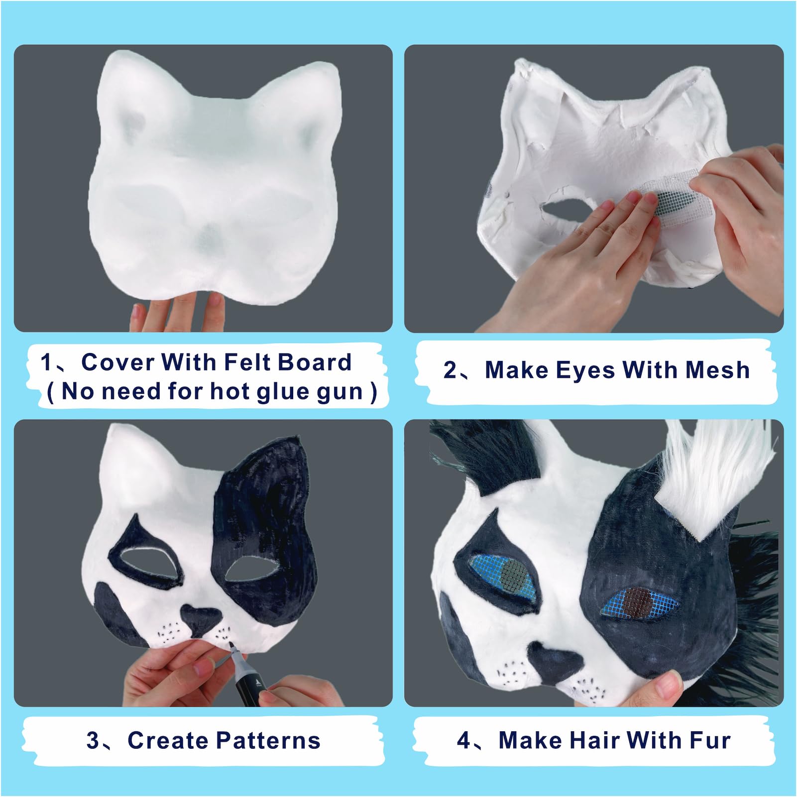 Therian Mask Supplies YALARY 42-Piece DIY Cat Therian Mask Kit - Faux ...