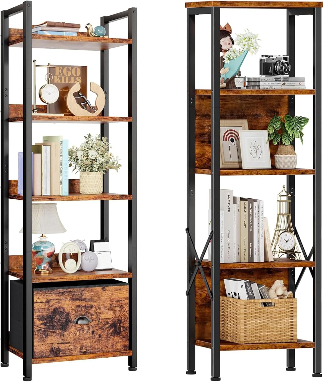 Amazon.com: Furologee 5 Tier Bookshelf Set of 2, Tall Shelf with Drawer ...
