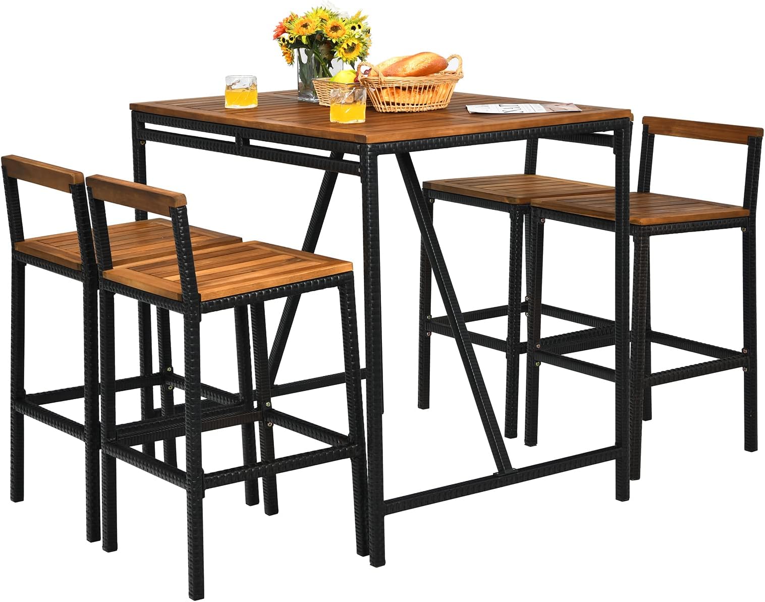 Amazon.com: Tangkula 5 Piece Acacia Wood Bar Table Set, Outdoor Bar ...