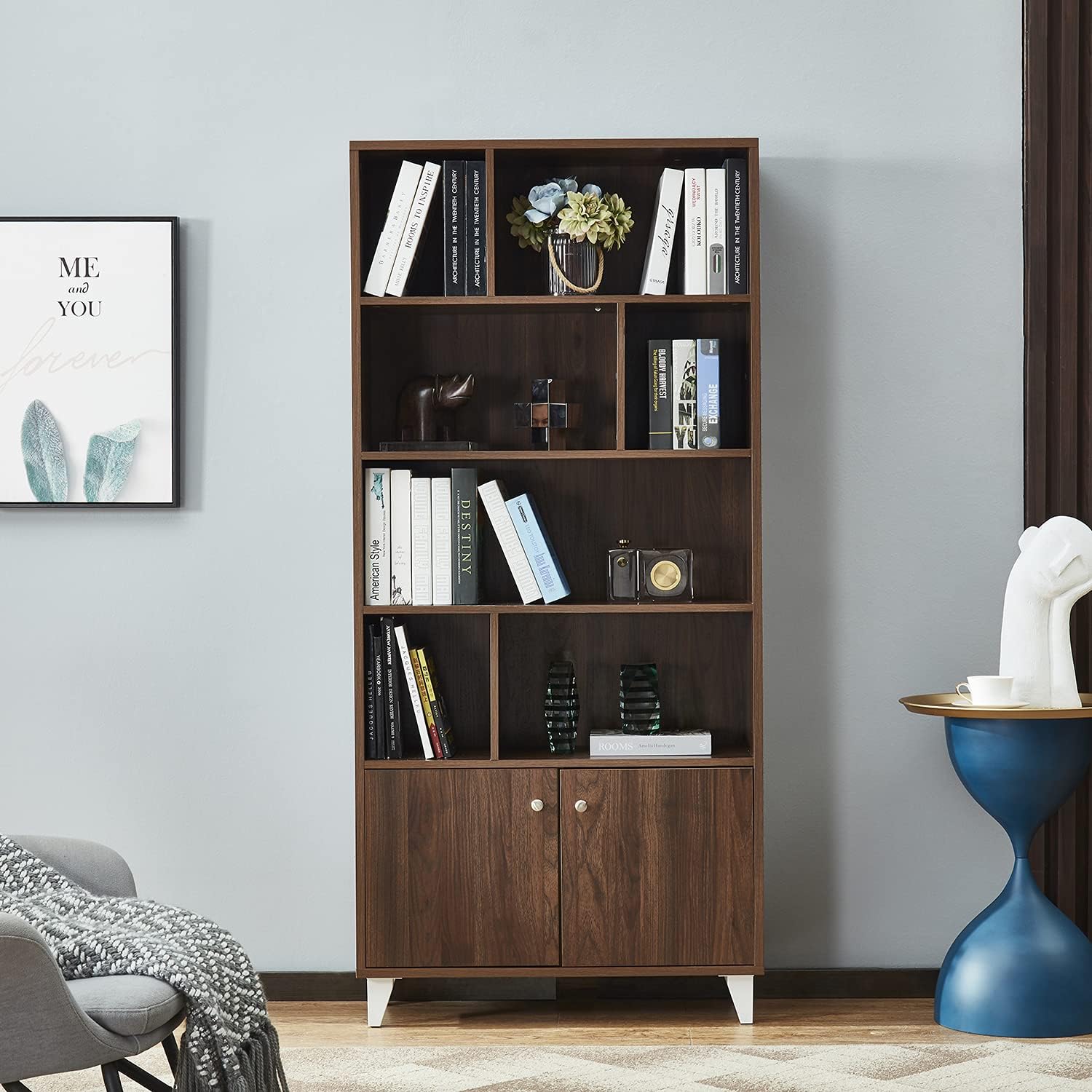 Amazon.com: NicBex 4 Tier Bookshelf with 2 Cabinets,Tall Narrow Open ...