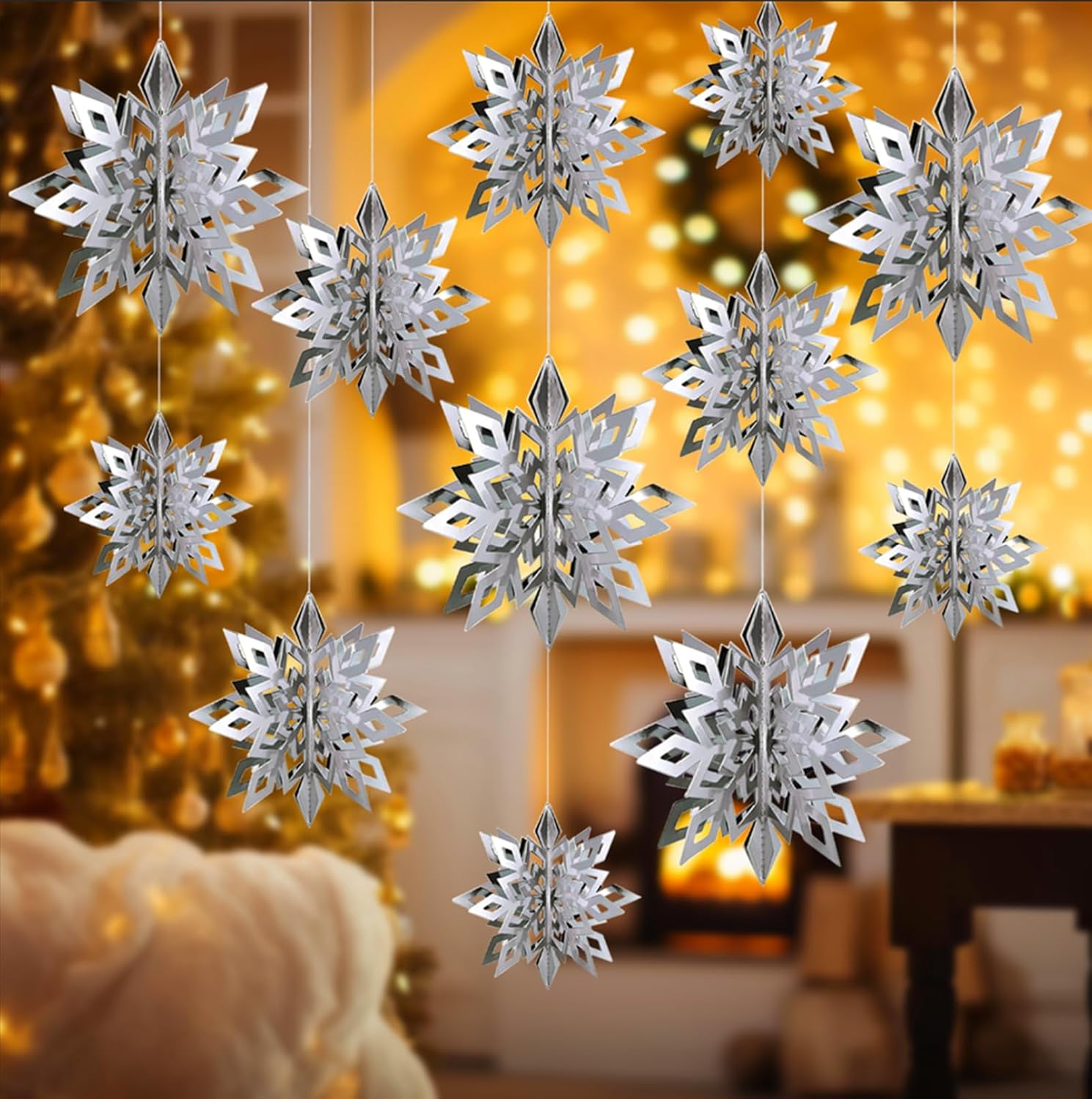 12 Pcs Christmas Hanging Snowflake Decorations, Silver 3D Snowflake ...