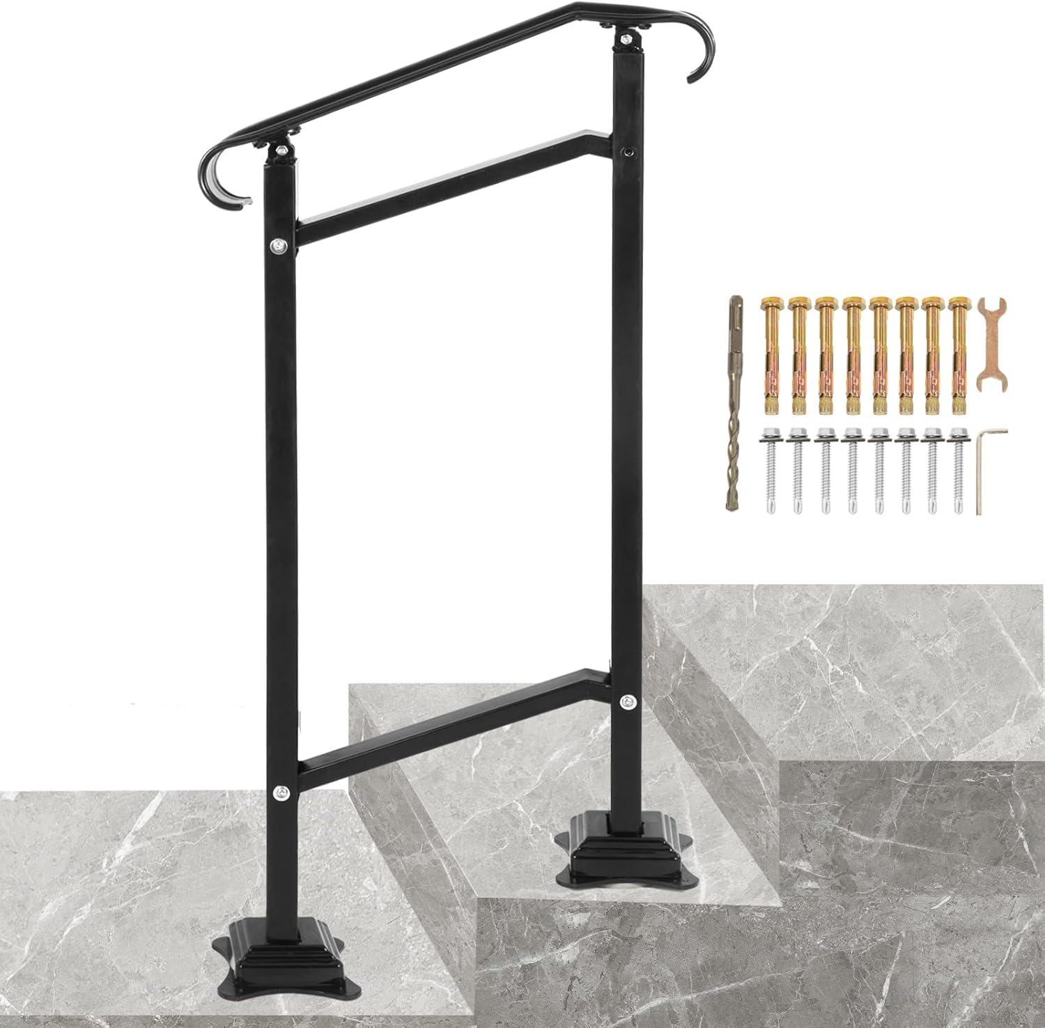 VEVOR Wrought Iron Handrail, Fit 1 or 2 Steps, Adjustable Outdoor Stair ...
