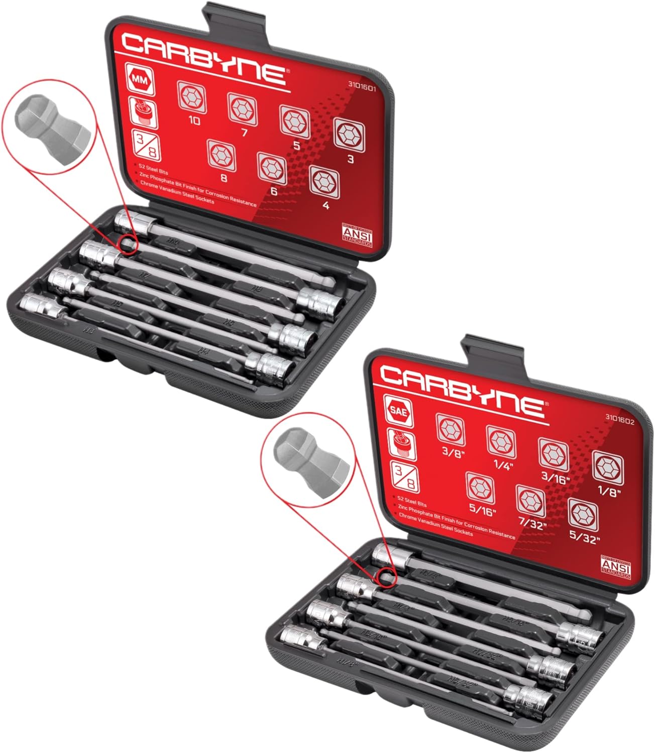 CARBYNE SAE & Metric Ball End Extra Long Bit Socket Sets - 14 Pieces ...