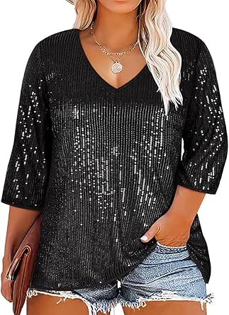 RITERA Plus Size Glitter Tops for Women 3/4 Sleeve Shirts Evening ...