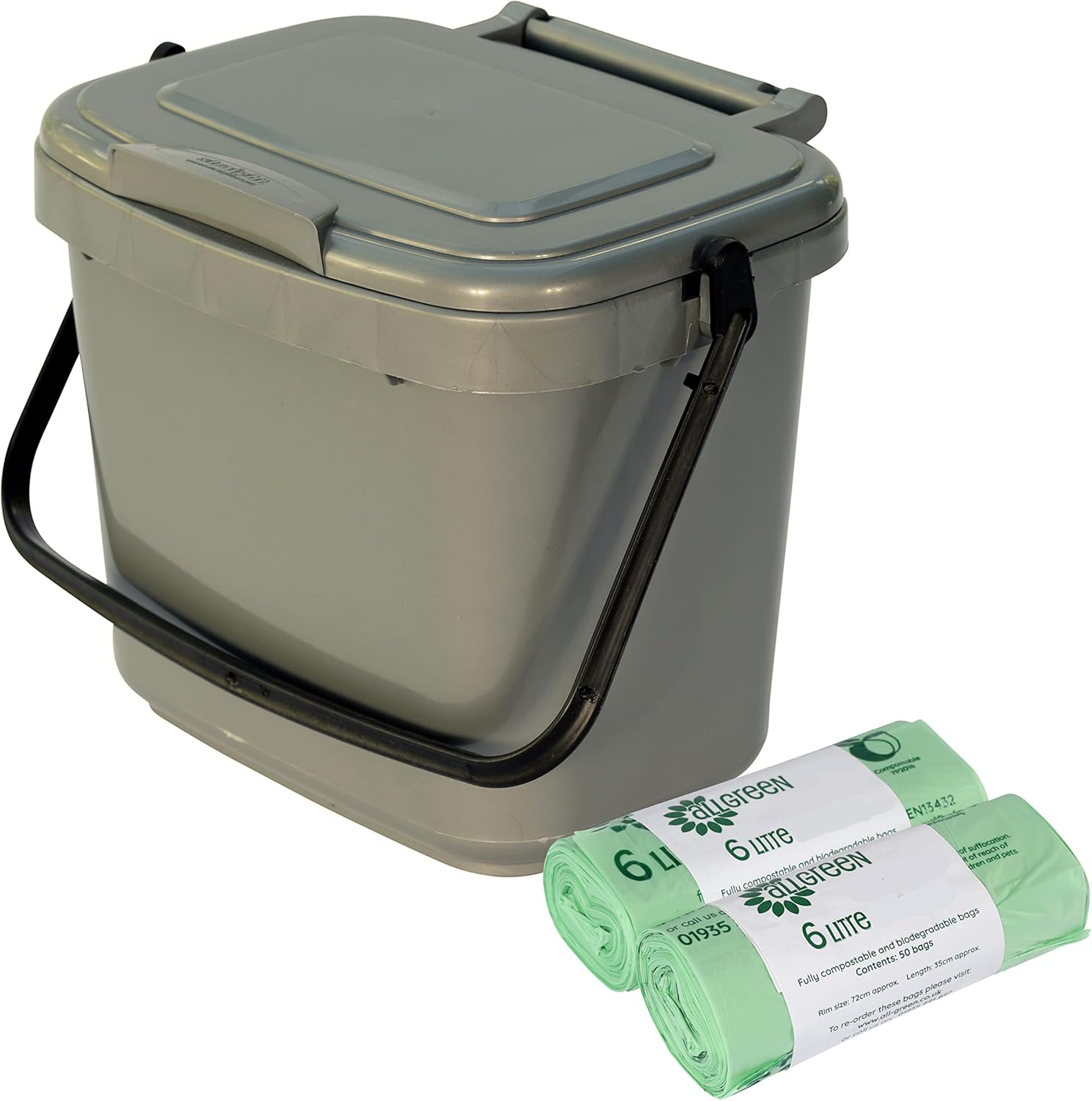 Silver Grey Kitchen Compost Caddy (5L - Small) & 100x 6L Compostable ...