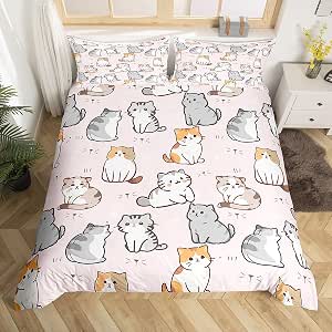 Amazon.com: Cute Cat Duvet Cover Set Full Size,Cartoon Cat Print ...