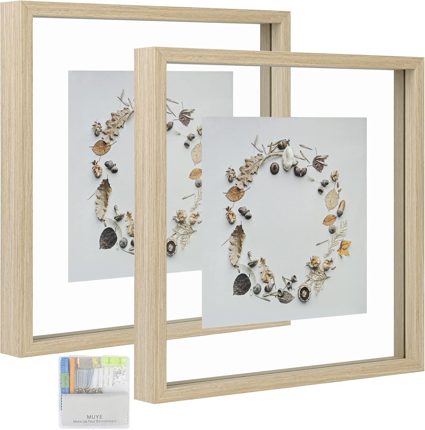 Amazon.com: MUYE Square 12x12 Floating Frame in Light Oak,Double Glass ...