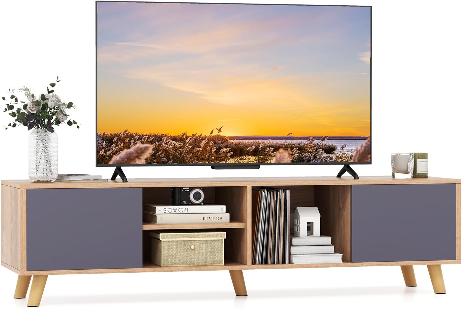 COSTWAY TV Stand for TVs up to 65 Inches, Wooden TV Cabinet Media ...