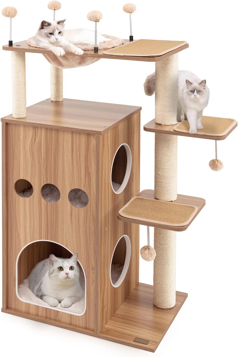 COSTWAY Wooden Cat Tree, Multi-Level Cats Climbing Tower with Hammock ...