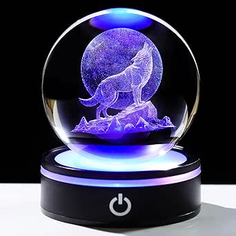YWHL 3D Crystal Ball Moon Wolf Figurine with Colorful LED Base, Laser ...