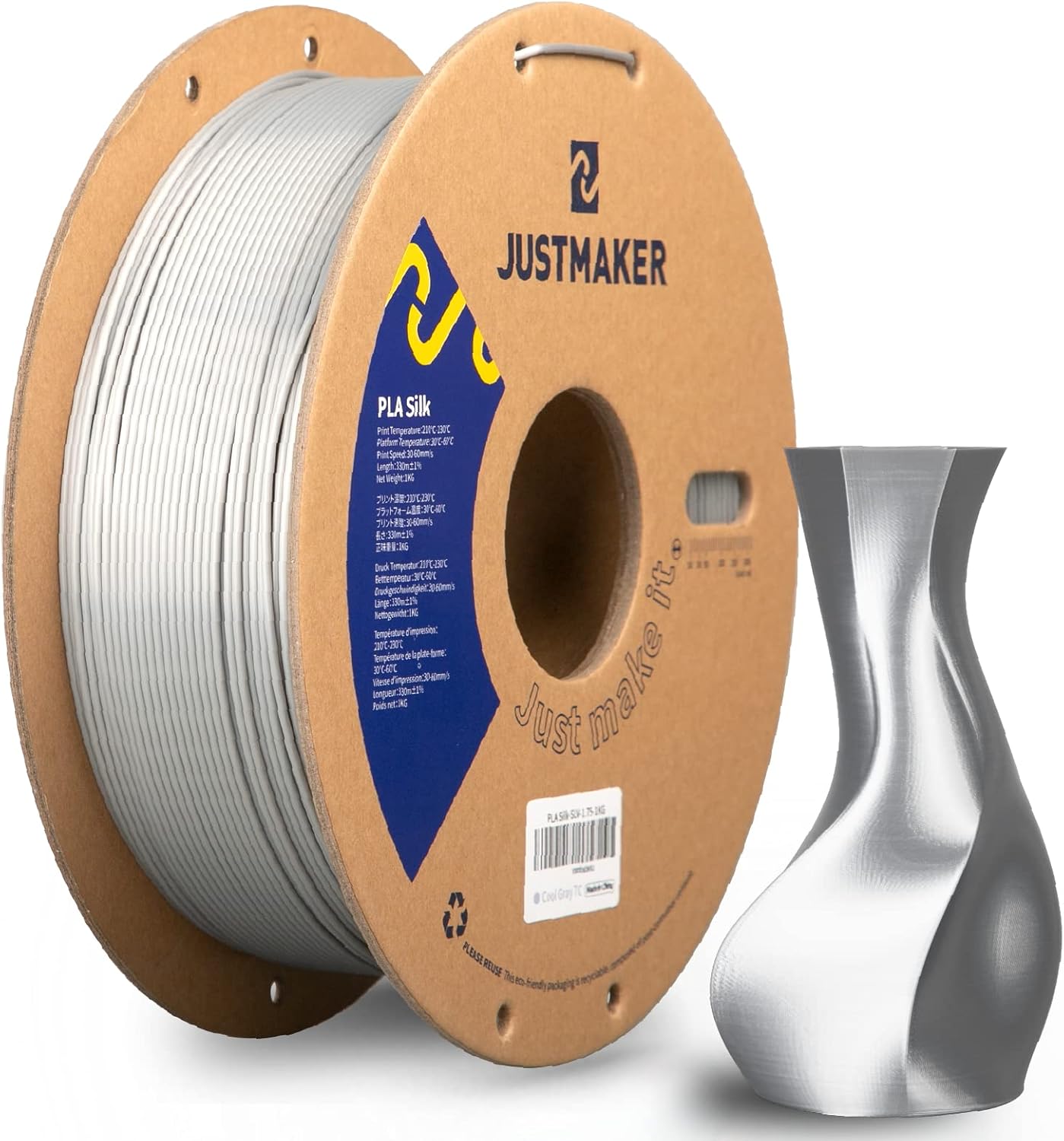 JUSTMAKER PLA Silk 3D Printer Filament, Upgrade Cardboard Spool, Silk ...