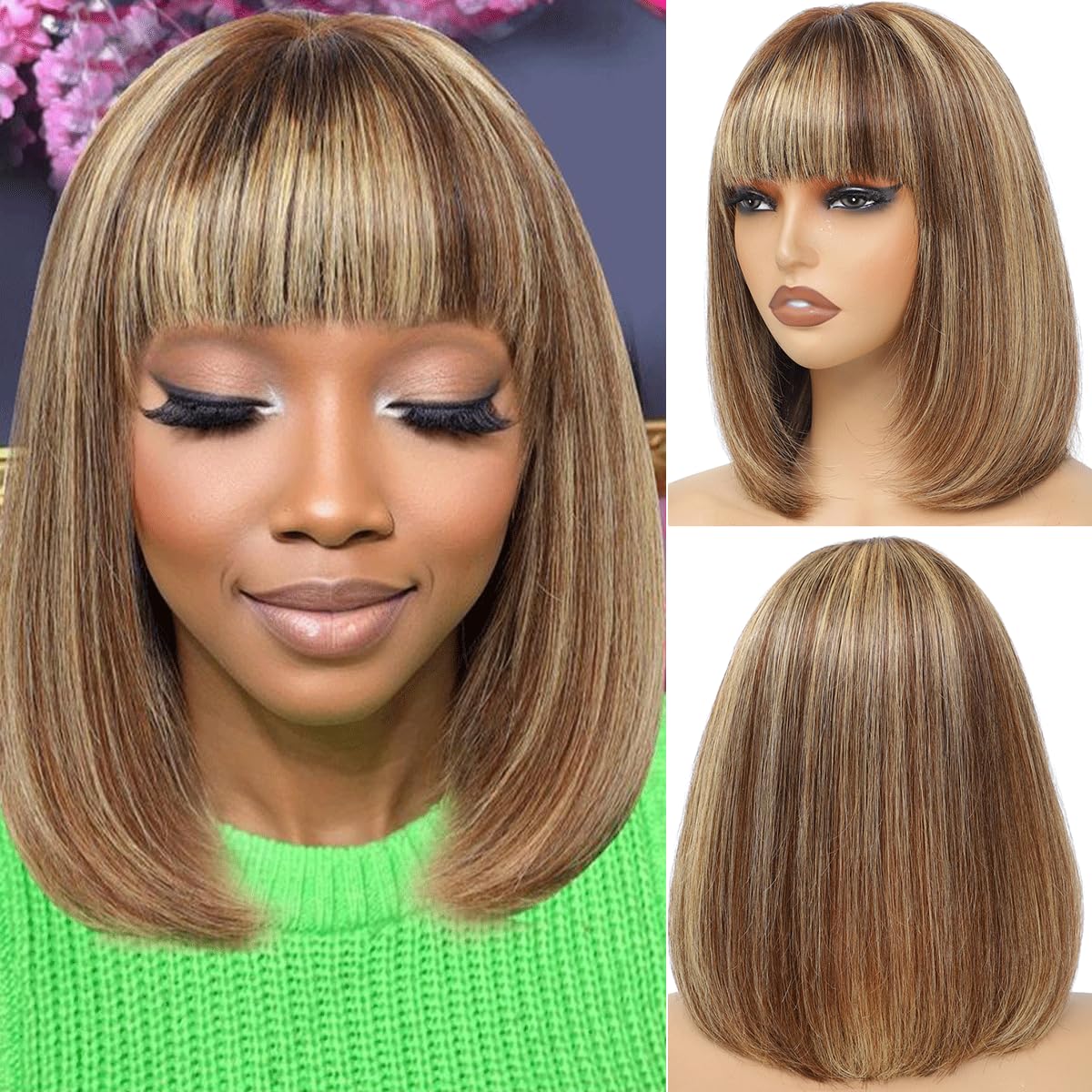 Amazon.com : Bob Wig with Bangs Human Hair P4/27 Straight Wig Human ...
