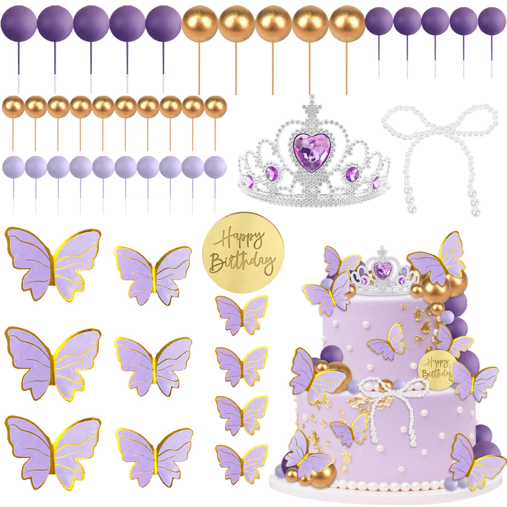 Snapklik.com : 48PCS Purple Butterfly Cake Topper Purple Balls Cake ...