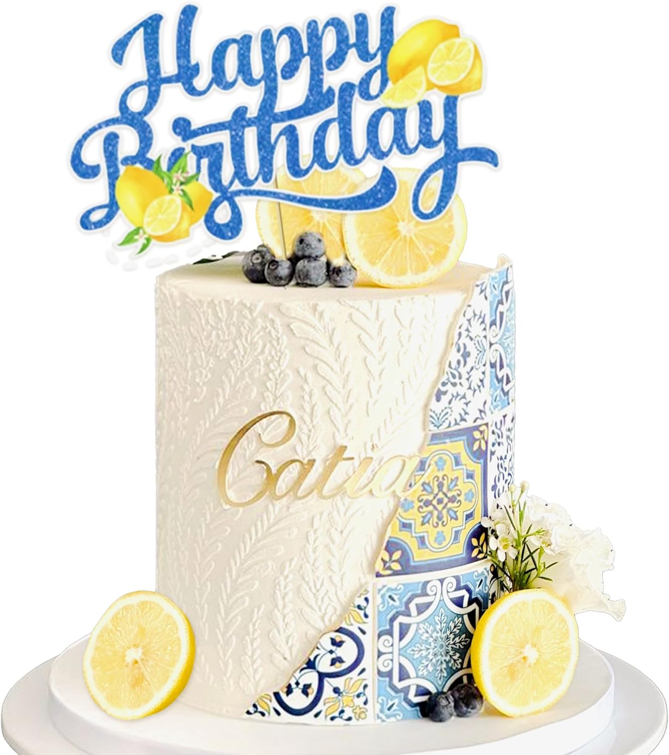 Amazon.com: Blue Tile Lemon Birthday Cake Decorations Lemon Blue Cake ...