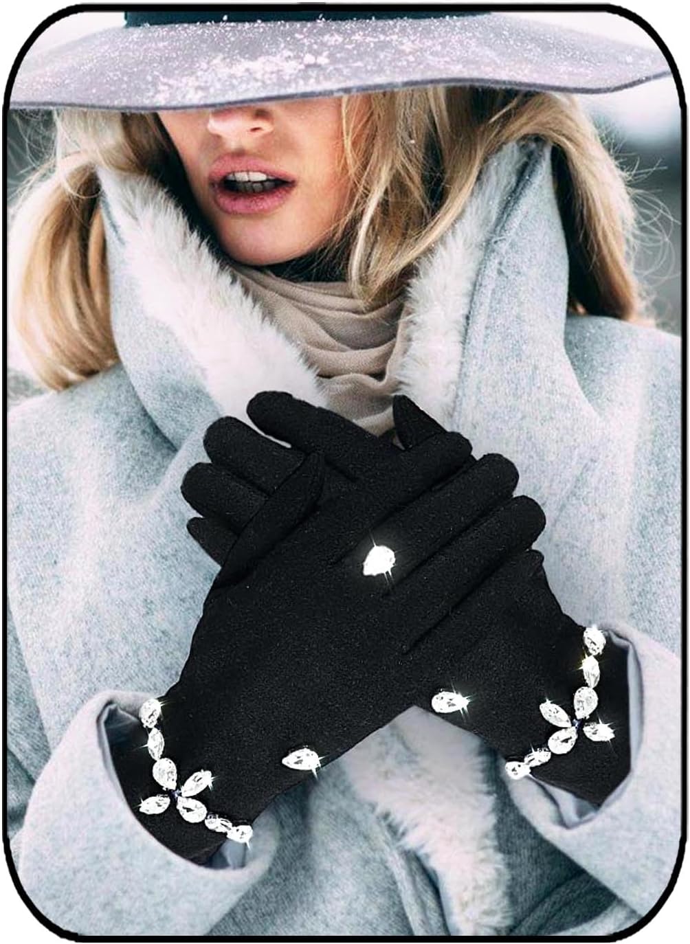 Formery Bling Rhinestone Gloves Black Crystal Winter Full Finger Glove ...