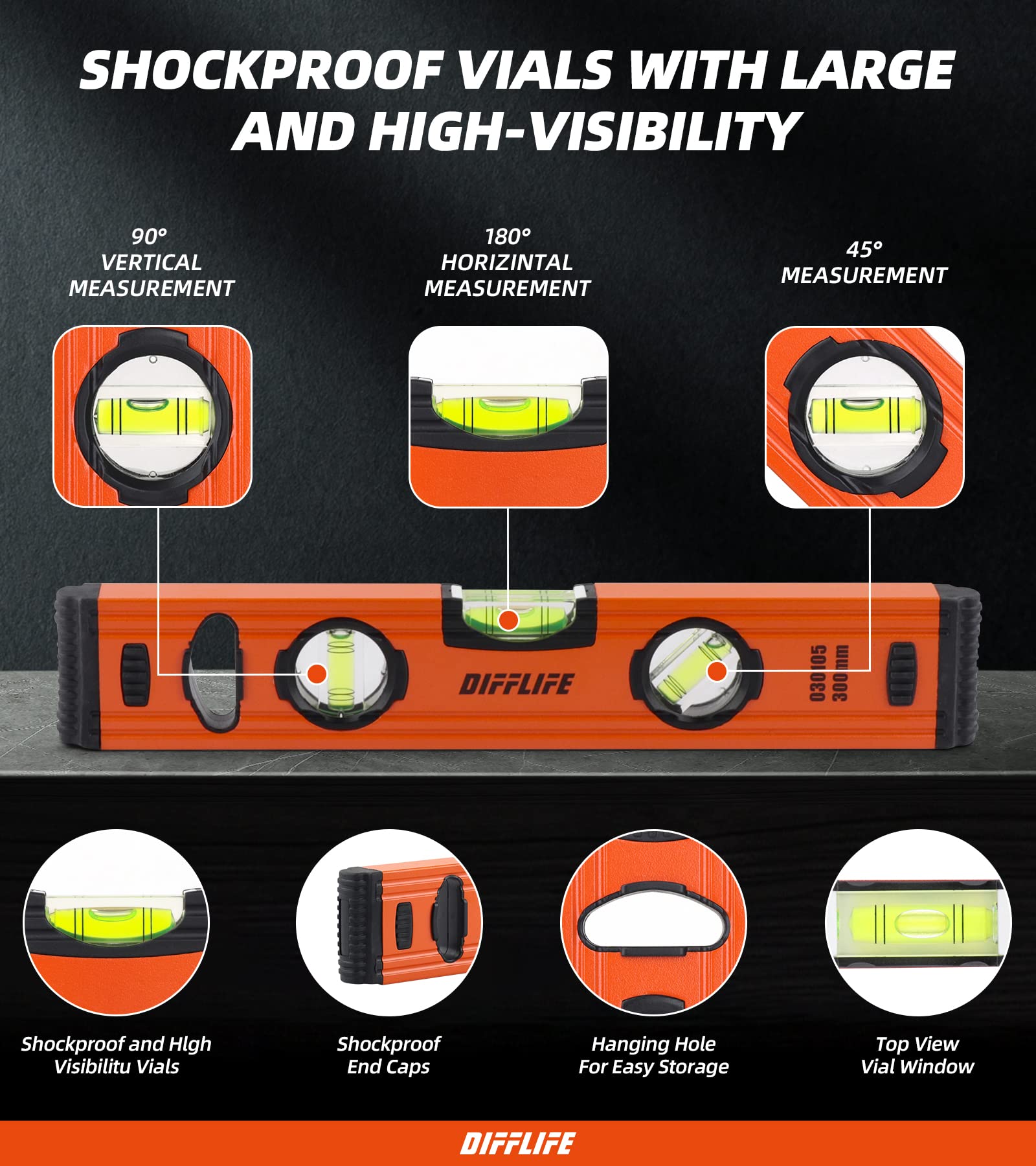 Snapklik.com : DIFFLIFE 12" Level & Tool Aluminum Reinforced Torpedo Level