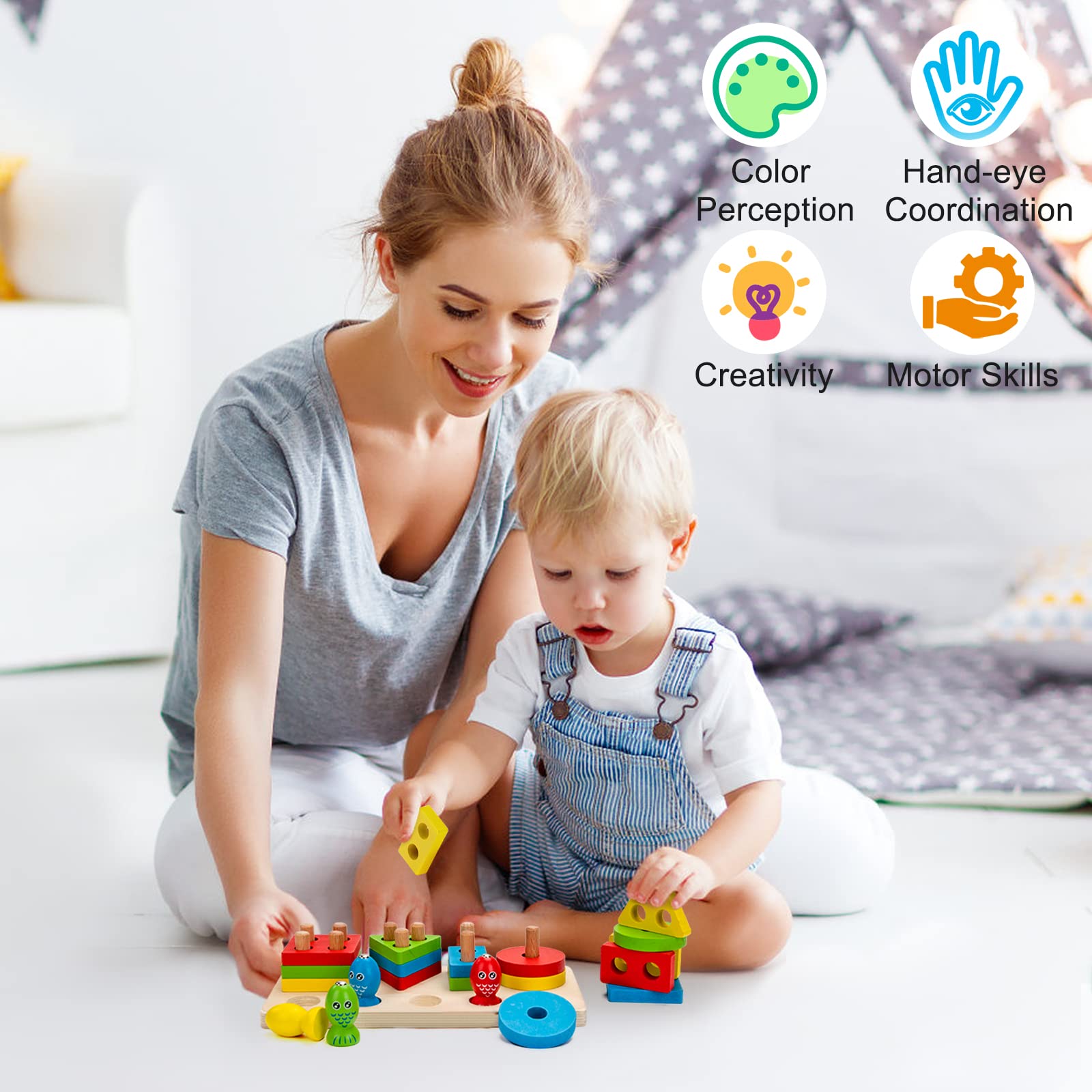 Wooden Sorting & Stacking Toys, Shape Color Recognition Puzzle Blocks ...