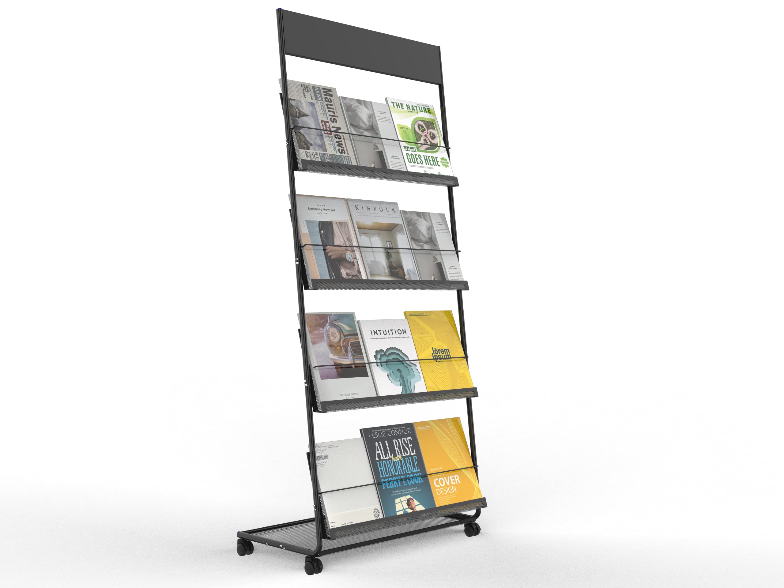 Floor-Standing Magazine Rack 4-Layer with Wheels, Brochure Display ...