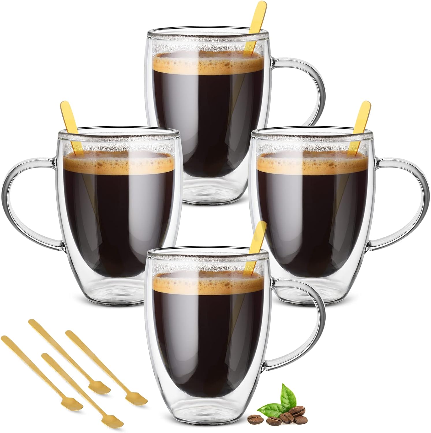 Cappuccino Glass Mugs, (Set of 4) 12 Ounces Double Walled Espresso Mug ...