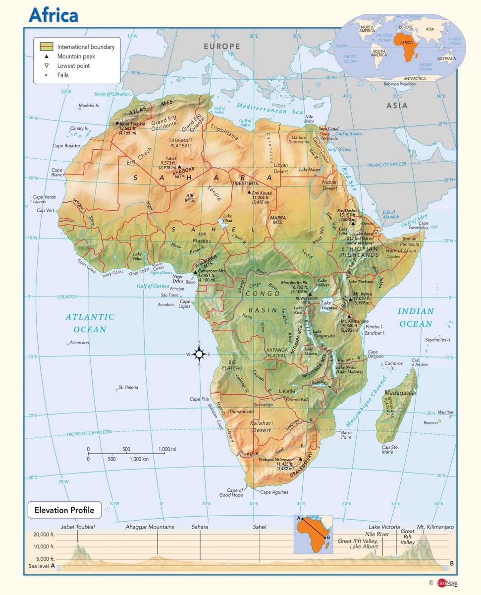 Gifts Delight Laminated 24x29 Poster Physical Map Africa Physical Wall ...