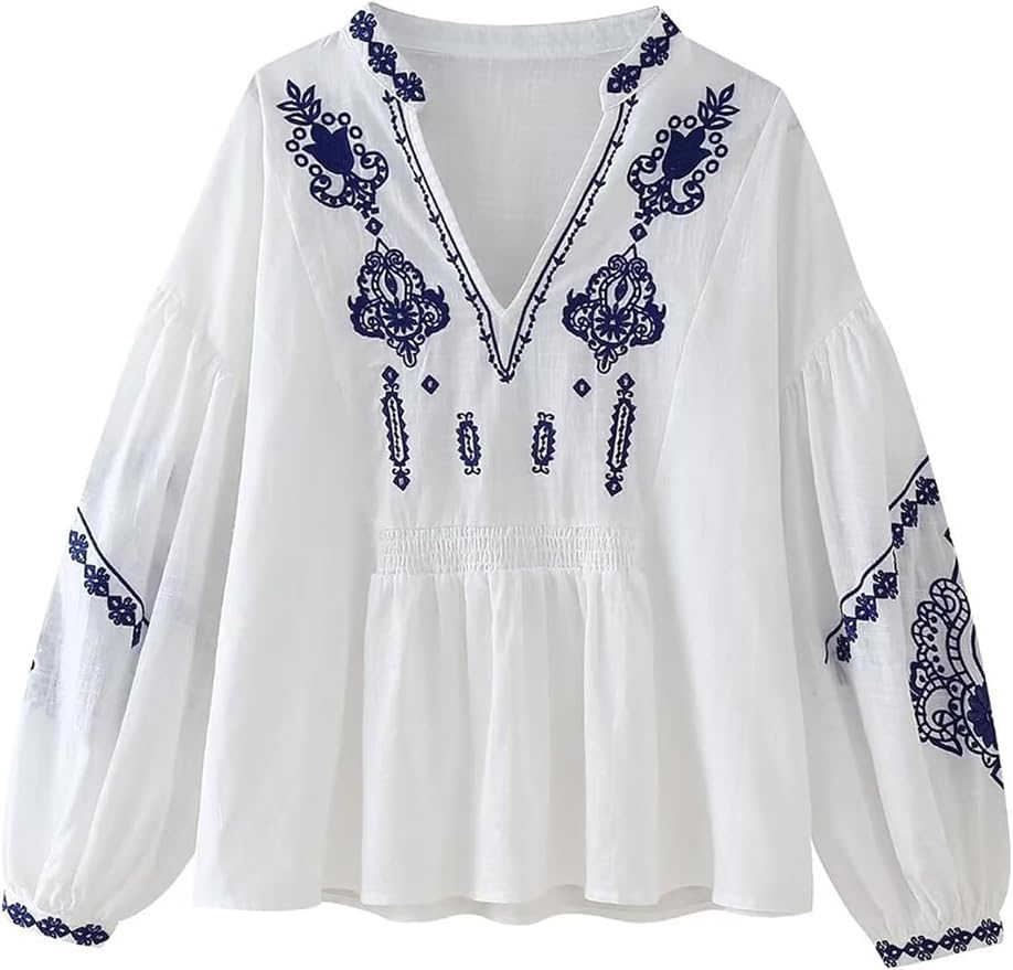 TUREAU Womens Embroidered Shirt Long Sleeve Boho Blouse Lantern Sleeve ...