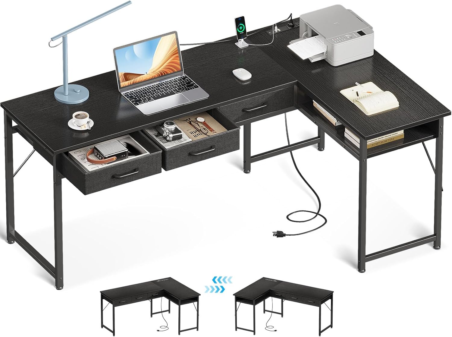 AODK L Shaped Computer Desk with 3 Drawers & Power Australia | Ubuy