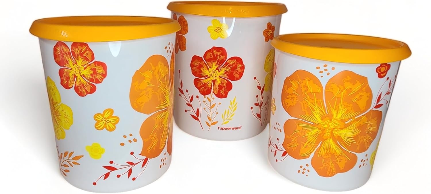 Amazon.com: Tupperware One Touch Canister Set of 3 Orange Floral Design ...