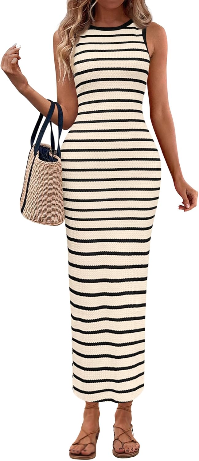 PRETTYGARDEN Sundresses for Women 2026 Summer Striped Knit Side Slit ...