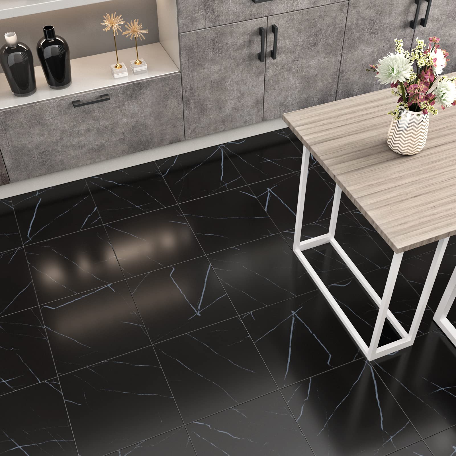 Snapklik.com : 5 Pcs Black Marble Vinyl Floor Tile Peel And Stick ...